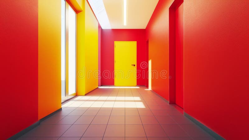 Colorful Corridor with Red and Yellow Walls, Modern Interior Concept ...