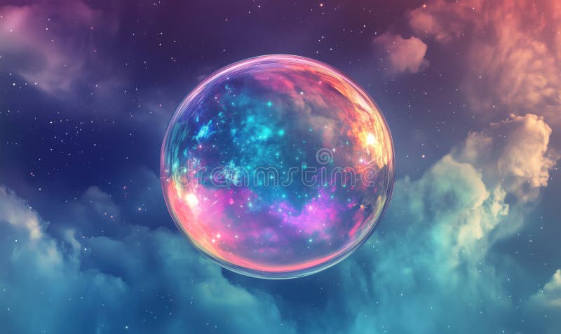 Colorful Cosmic Bubble Floating in a Starry Sky with Vibrant Clouds ...