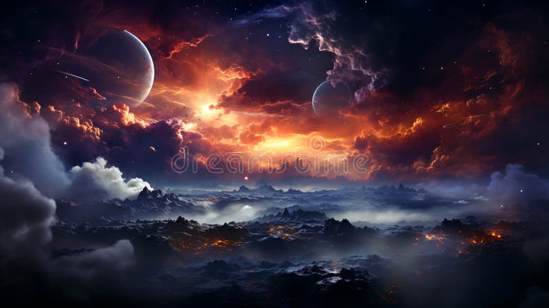 Colorful Cosmic Galaxies in the Sky and the Glowing Moon Stock Image ...