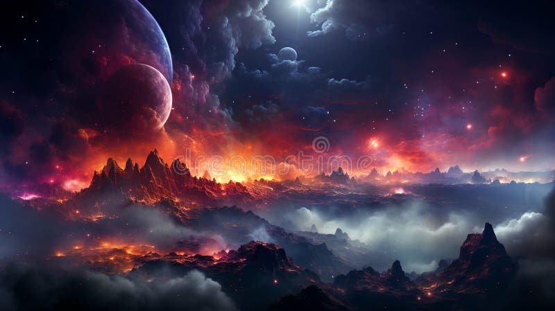 Colorful Cosmic Galaxies in the Sky and the Glowing Moon Stock Photo ...