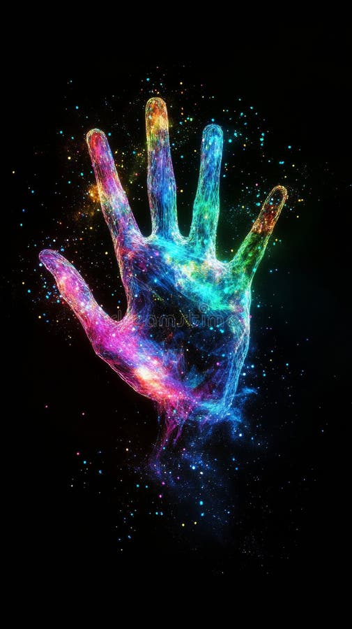 Colorful Cosmic Hand Against Black Background, Digital Art Concept ...