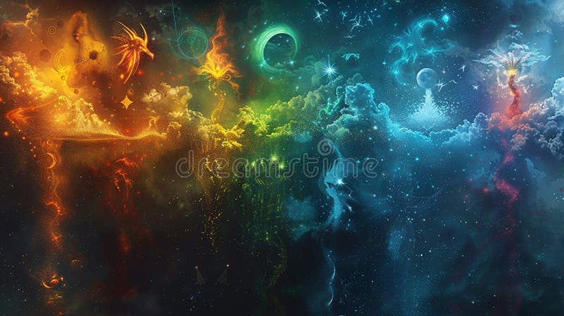 Colorful Cosmic Landscape Depicting Celestial Elements at Night Stock ...