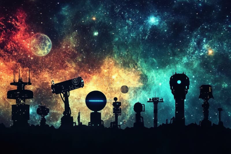 Colorful Cosmic Landscape Featuring Various Astronomical Instruments ...