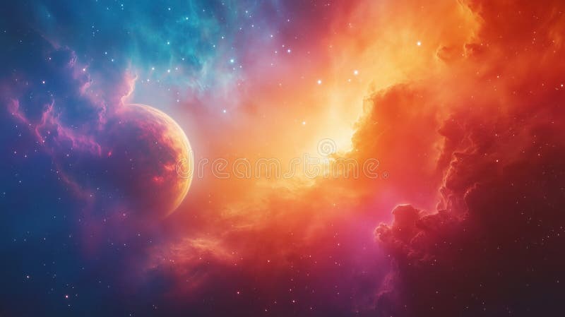 Colorful Cosmic Landscape with Planet and Nebula in a Vibrant Galaxy ...