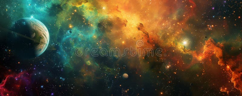Colorful Cosmic Nebula with Planets and Stars, Outer Space Exploration ...
