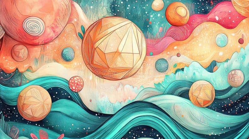 A Colorful Cosmic Scene Featuring Abstract Planets and Waves Stock ...
