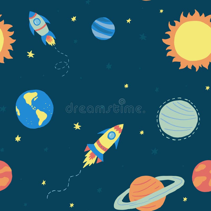 Colorful Cosmic Vector Seamless Pattern upon Blue Background Stock ...