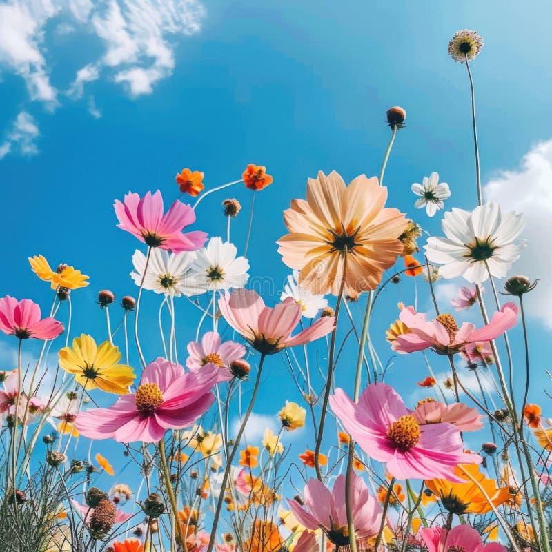 Colorful Cosmos Flowers in the Meadow on a Blue Sky Background Stock ...