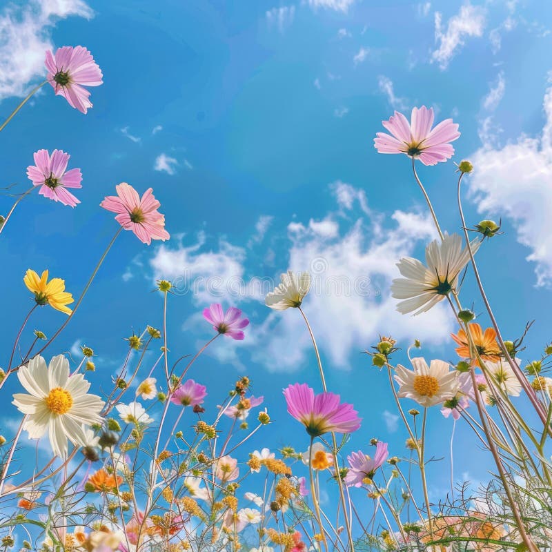 Colorful Cosmos Flowers in the Meadow on a Blue Sky Background Stock ...
