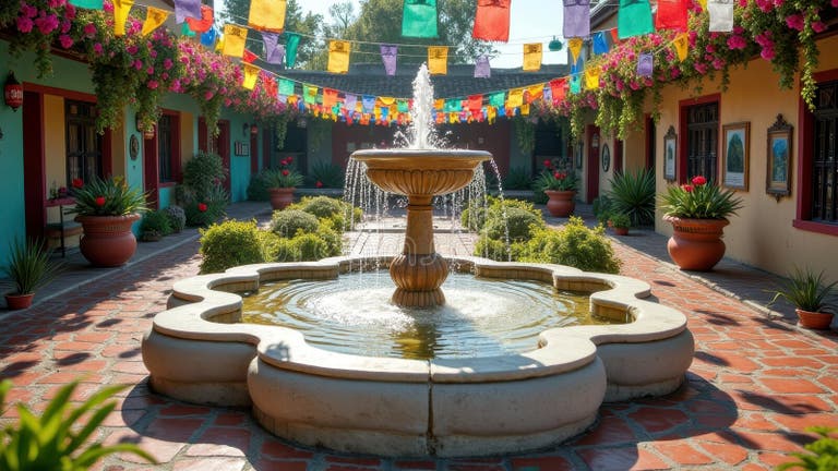 Colorful Courtyard with Fountain and Festive Flags in Traditional ...