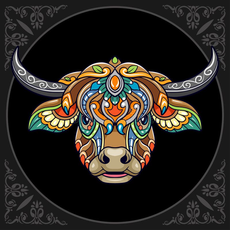 Colorful Cow Head Mandala Arts Isolated on Black Background Stock ...