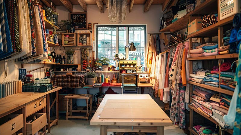 Colorful Cozy Sewing Workshop Interior Filled with Fabrics and Craft ...