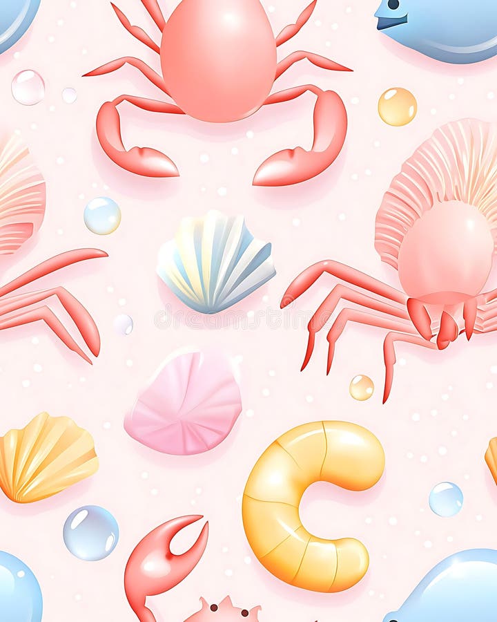 Colorful Crab and Shell Seamless Pattern with Bubbles and Sea Elements ...