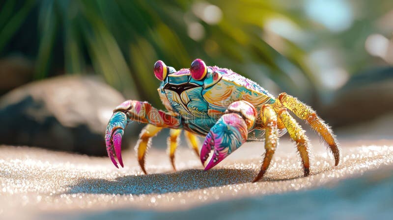Colorful Crab with Vibrant Patterns Scuttling Across Sandy Beach Stock ...