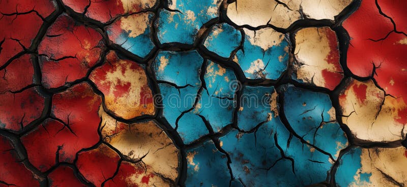 Colorful Cracked Surface with Red, Blue, and Gold Patterns Creating ...