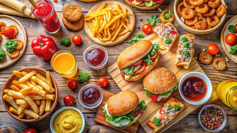 A Colorful and CravingInducing Spread of Assorted Fast Food Perfect for ...