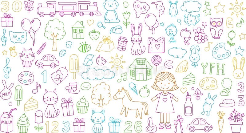 Colorful Crayon Doodle Collage with Childlike Illustrations on White Background Stock ...