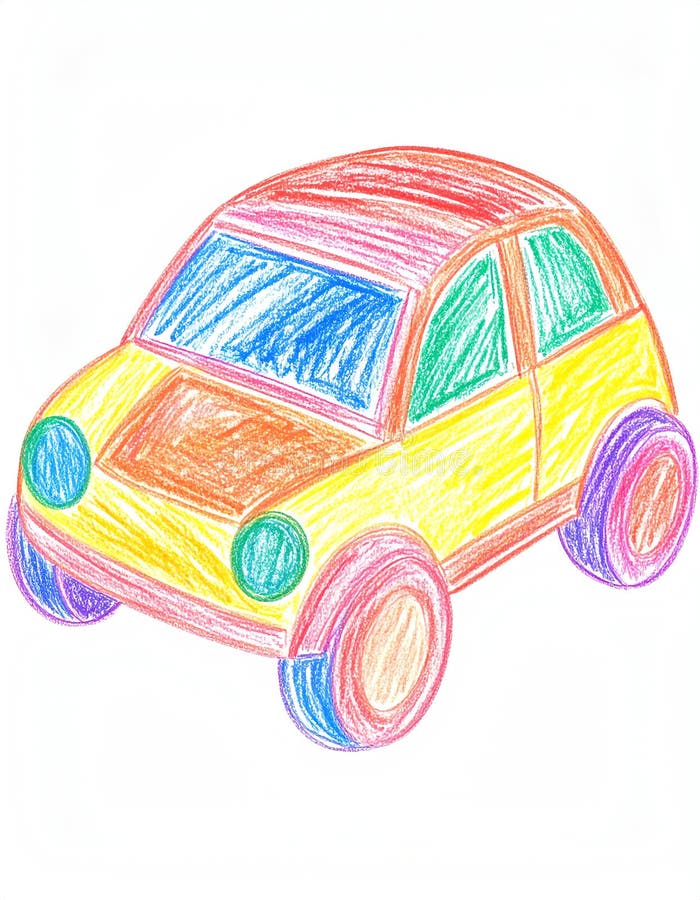 Colorful Crayon Drawing of a Toy Car Stock Illustration - Illustration ...