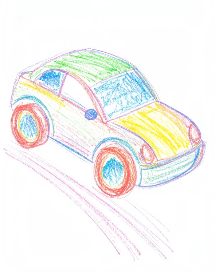Colorful Crayon Drawing of a Toy Car Stock Illustration - Illustration ...