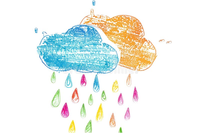 Colorful Crayon Illustration of Clouds with Rain Drops on White ...