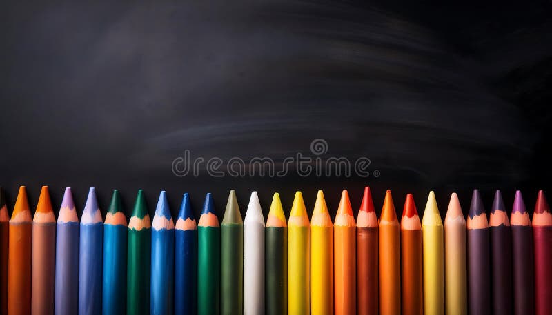Colorful Crayons Arranged Neatly Along the Lower Edge of a Blackboard ...
