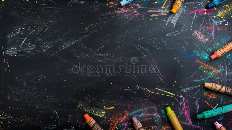 Colorful Crayons on Blackboard Background with Artistic Chalk Marks and ...