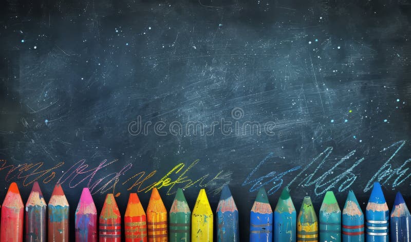 Colorful Crayons on Blackboard Background with Artistic Chalk Marks and ...
