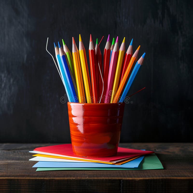 Colorful Crayons in Ceramic Mug and Stack of Drawing Papers on Wooden ...