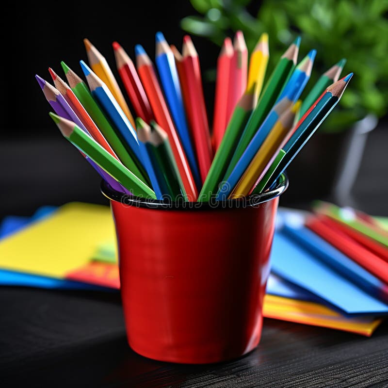 Colorful Crayons in Ceramic Mug and Stack of Drawing Papers on Wooden ...