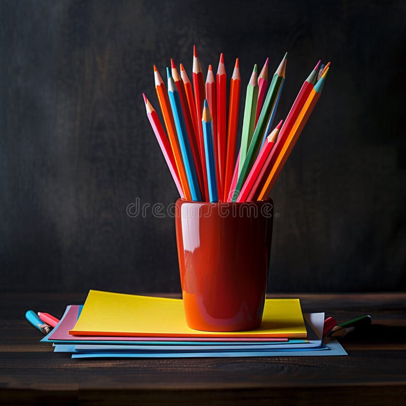Colorful Crayons in Ceramic Mug and Stack of Drawing Papers on Wooden ...
