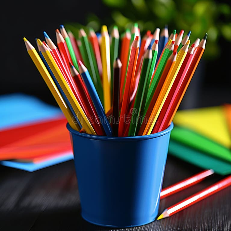 Colorful Crayons in Ceramic Mug and Stack of Drawing Papers on Wooden ...