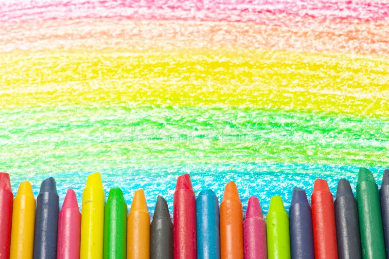 Colorful Crayons and Drawing of the Rainbow. Stock Photo - Image of ...