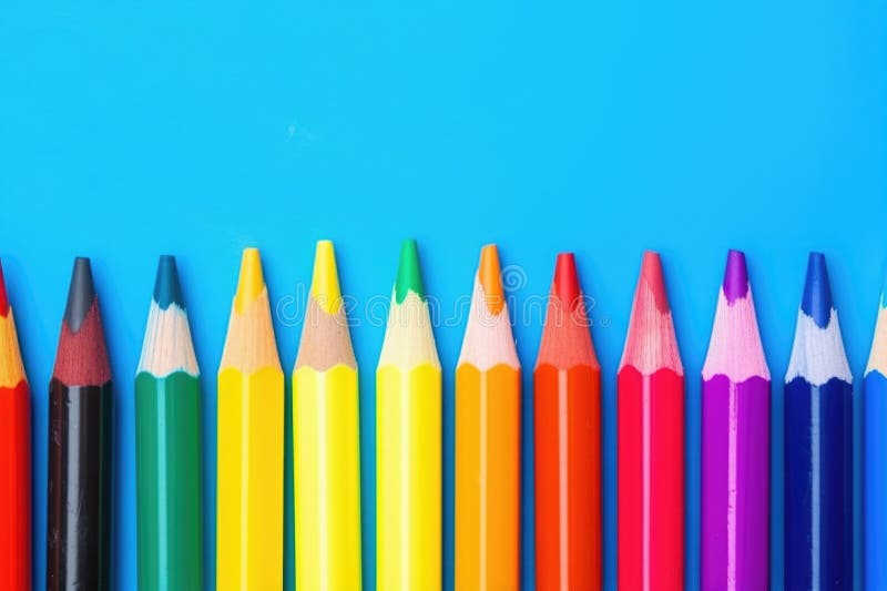 Colorful Crayons in a Row on Bright Blue Paper Stock Photo - Image of ...