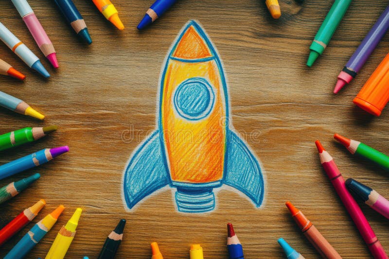Colorful Crayons Surround Rocket Drawing Creativity Imagination Launch ...
