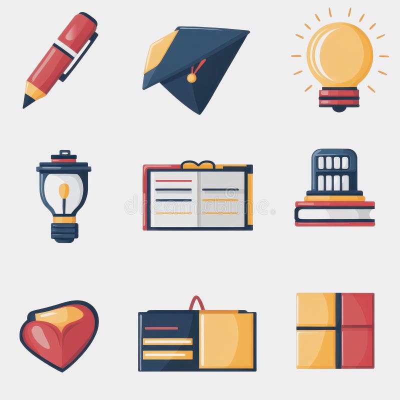 Colorful and Creative Icons of Office Supplies, Learning Tools, and ...
