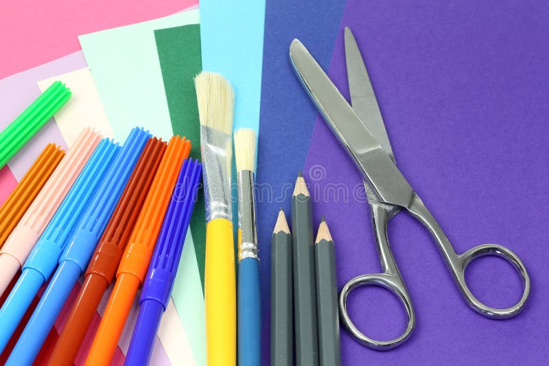 Colorful Creative Tools and Paper Stock Photo - Image of kids ...