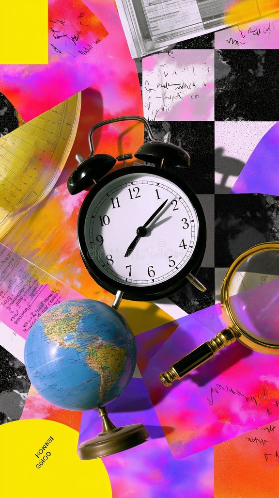 Colorful Creative Workspace Featuring Clock, Globe, and Various Notes ...