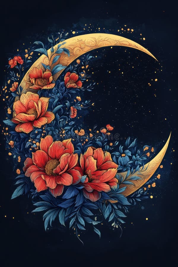 Colorful Crescent Moons, Vibrant Crescent Moon Illustrations Featuring Intricate Floral Designs ...