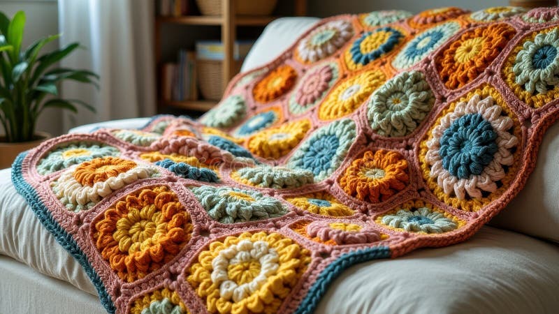 Colorful Crochet Blanket with Geometric Patterns on Sofa in Cozy Living ...