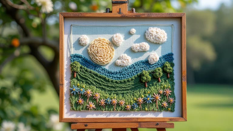 Colorful Crochet Landscape Artwork with Sun, Clouds, and Rolling Hills ...
