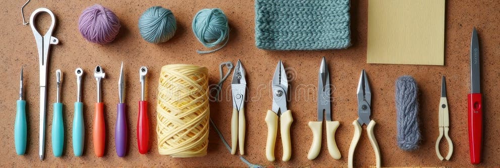 Colorful Crochet Tools and Yarn Balls on Cork Surface Stock Image ...