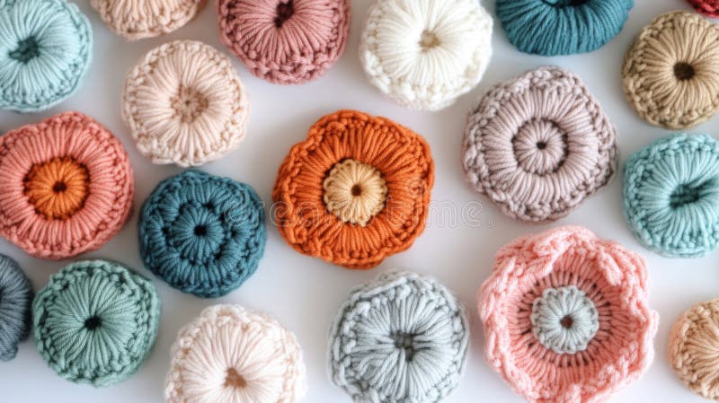Colorful Crocheted Flowers on White Background Stock Illustration ...