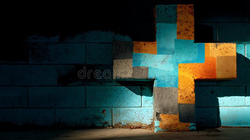 Colorful Cross Structure Against Textured Blue Brick Wall Stock ...