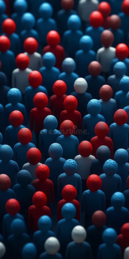 Colorful Crowd of Miniature Figures in Red, White, and Blue Tones ...