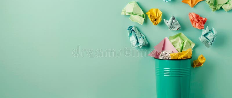 Colorful Crumpled Paper and Green Trash Bin on Green Background with ...