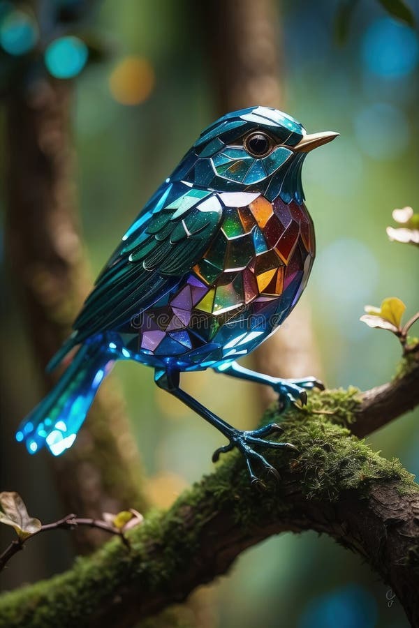 Colorful Crystal Bird on a Branch in the Forest, Close-up Stock ...