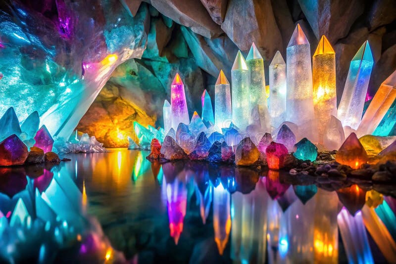 Colorful Crystal Cave with Illuminated Crystals Reflecting in Water ...