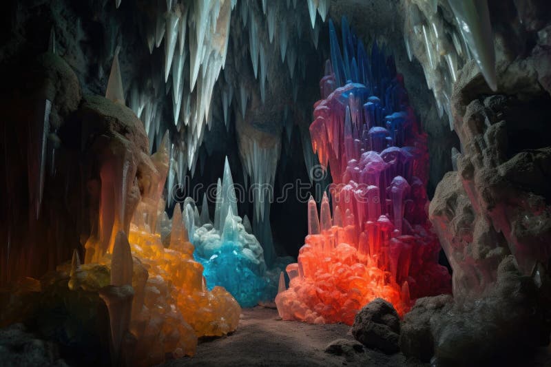 Colorful Crystal Formations in Dark Cave Setting Stock Illustration ...