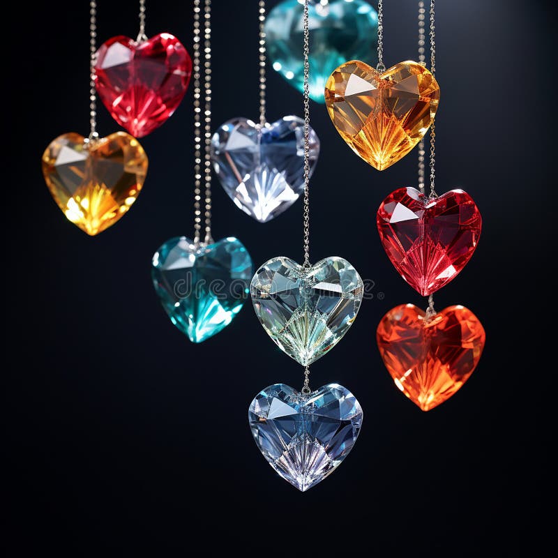 Colorful Crystal Hearts Hanging on Strings on Black Background. Stock ...