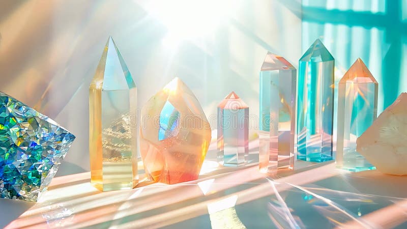 Colorful Crystal Obelisks in Sunlight Creating Prismatic Light Patterns ...